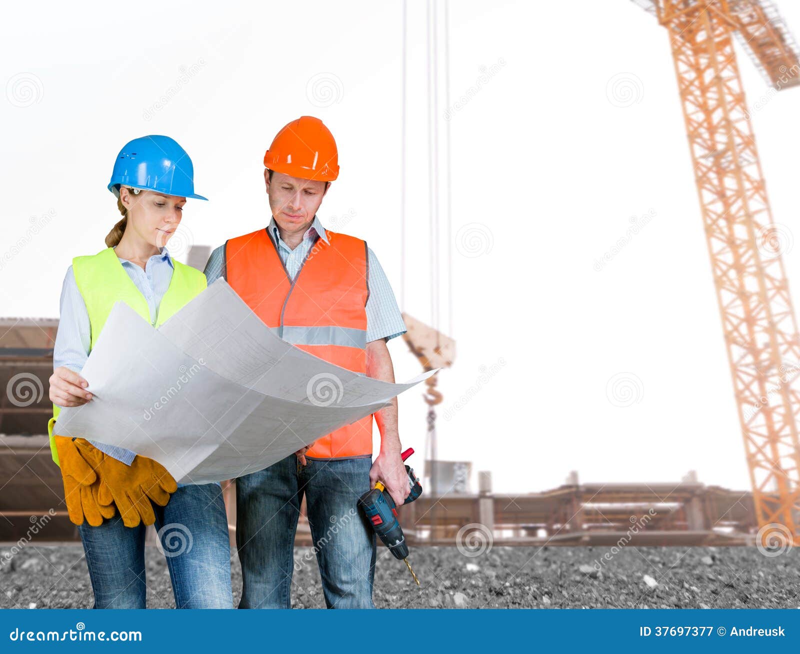 Foreman and Engineer with Blueprints Stock Image - Image of ...