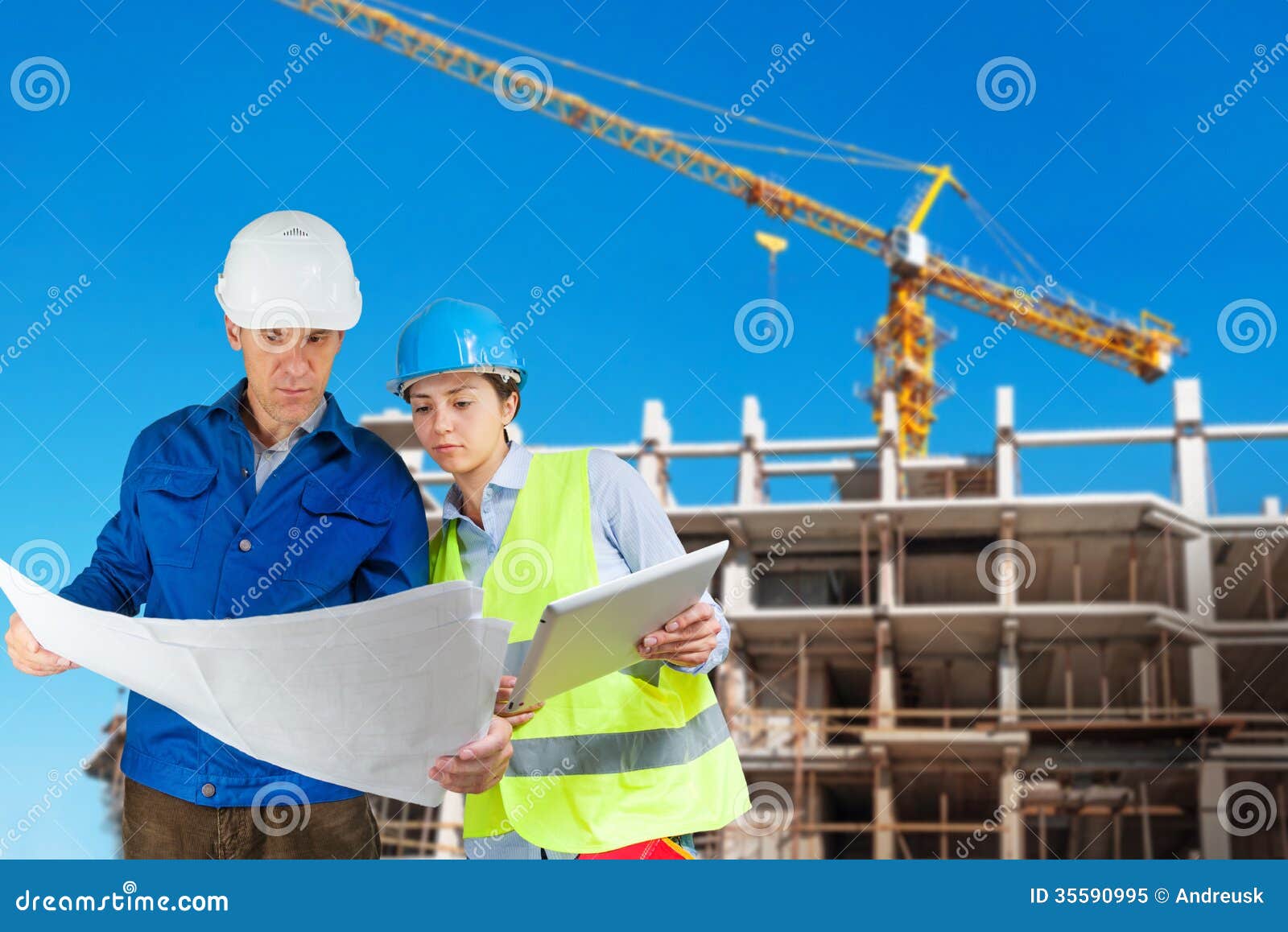 Foreman and Engineer with Blueprints Stock Image - Image of industrial ...