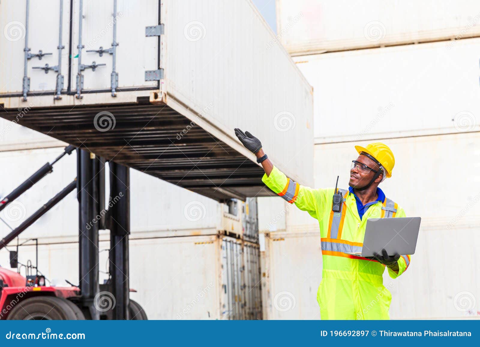 Foreman is Giving a Signal To Work in the Harbor. To Move the Cargo ...