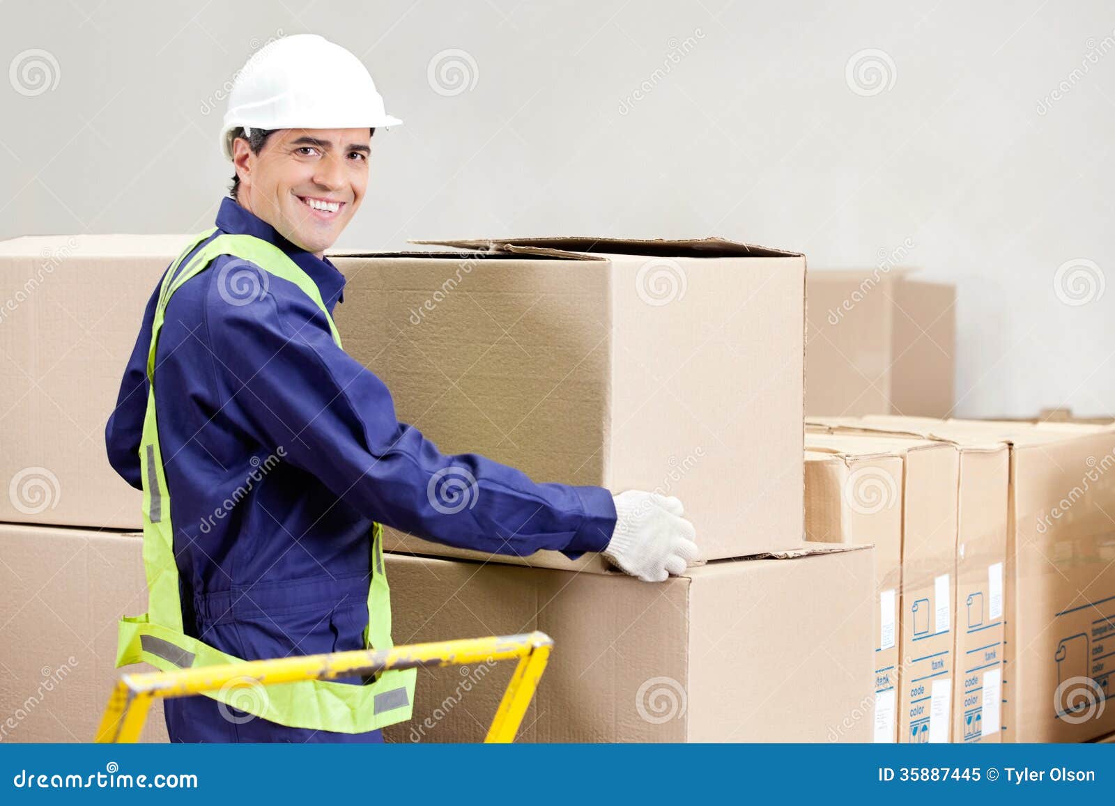 Foreman Holding Cardboard Box in Warehouse Stock Image - Image of ...