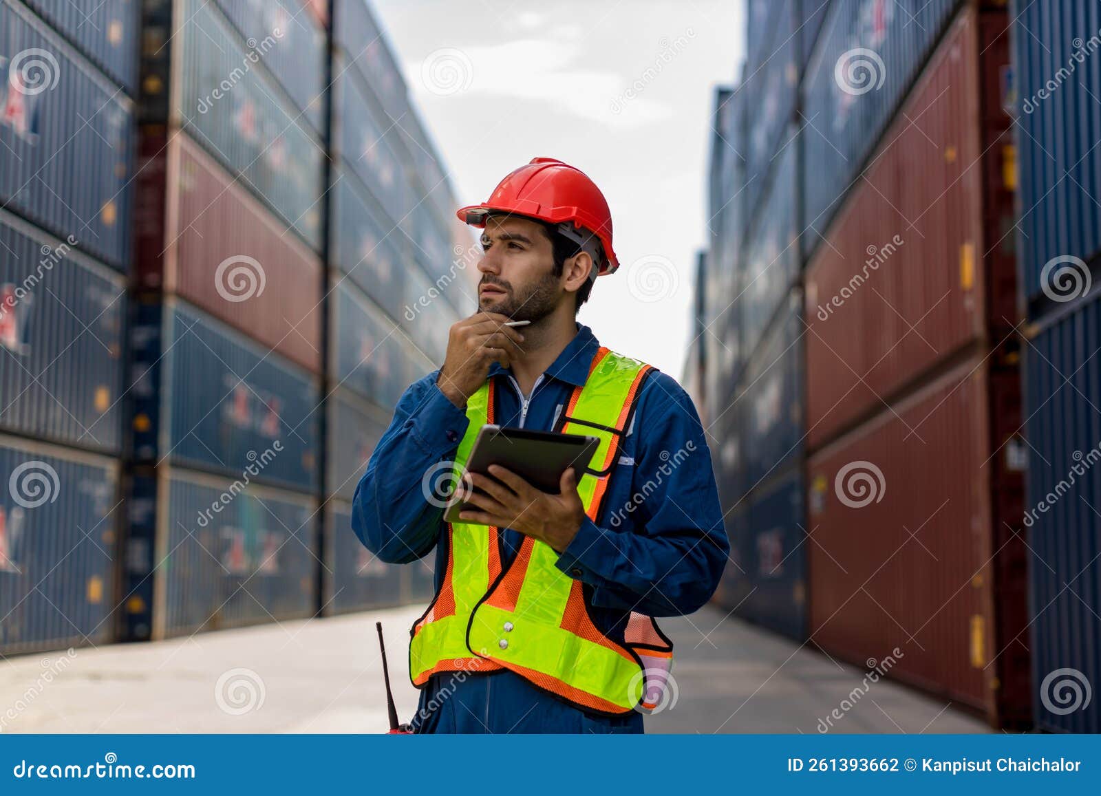 Foreman Man Working Checking at Container Cargo Harbor To Loading ...