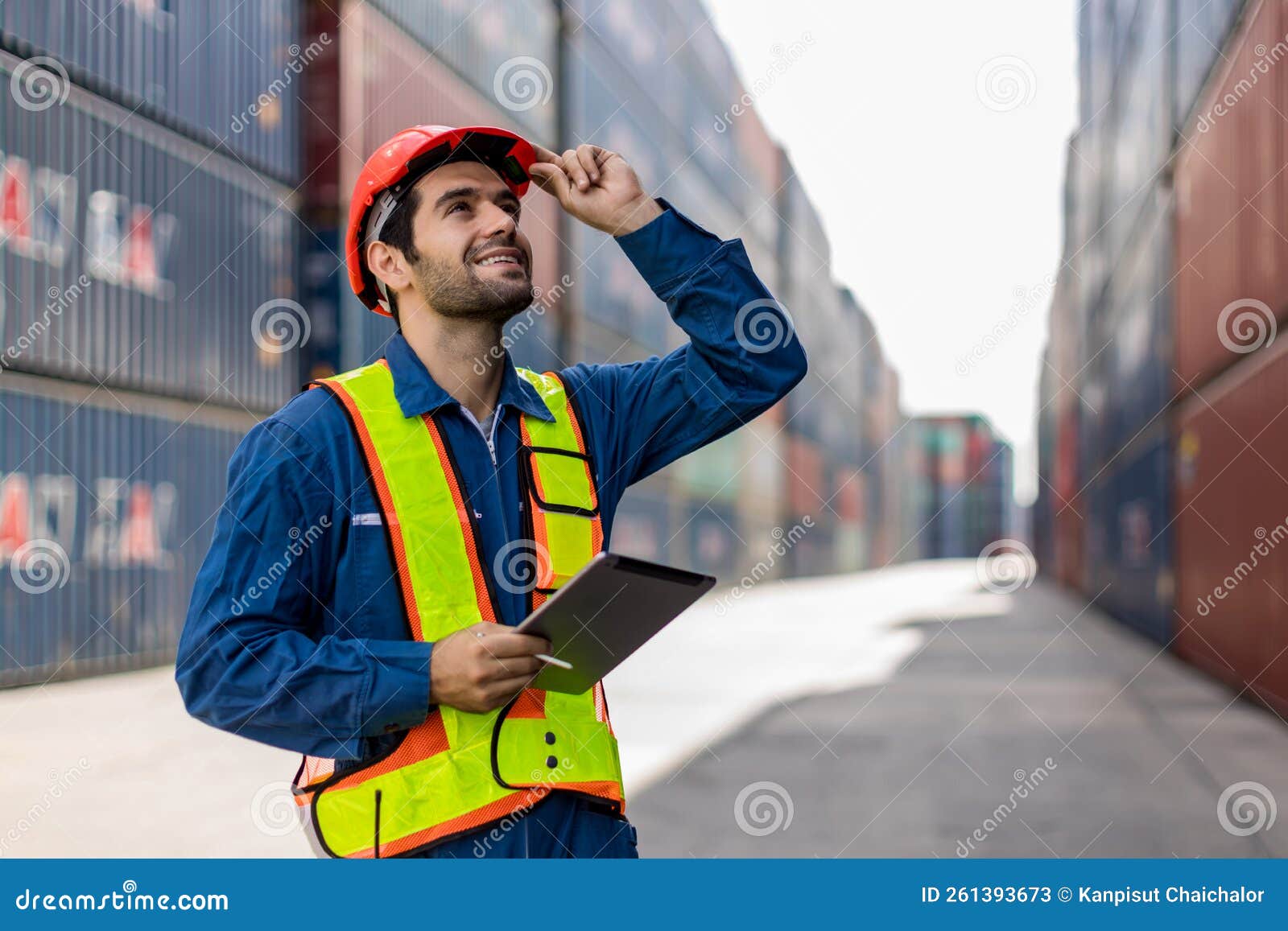 Foreman Man Working Checking at Container Cargo Harbor To Loading ...