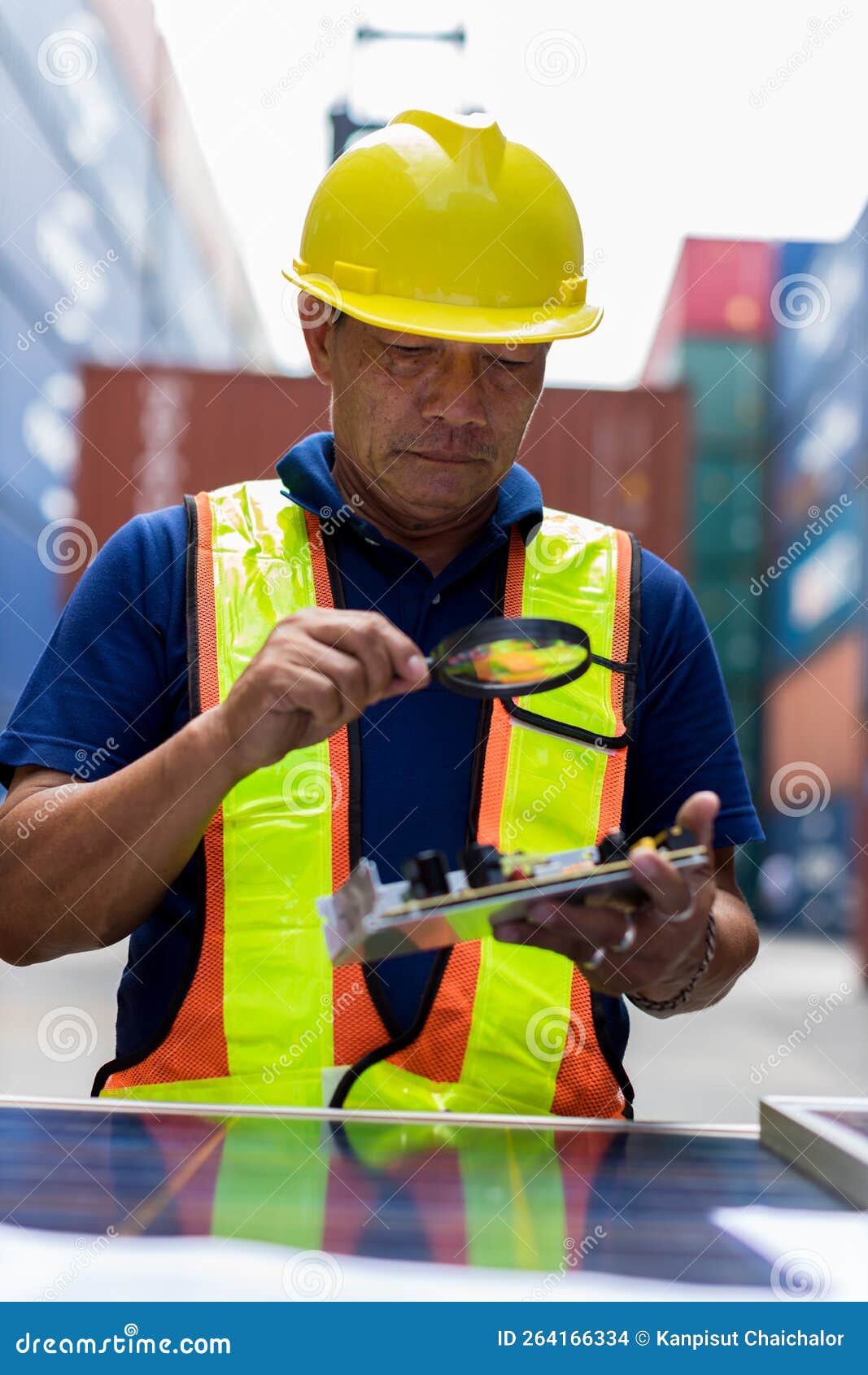 Foreman Man Working Checking at Container Cargo Harbor To Loading ...