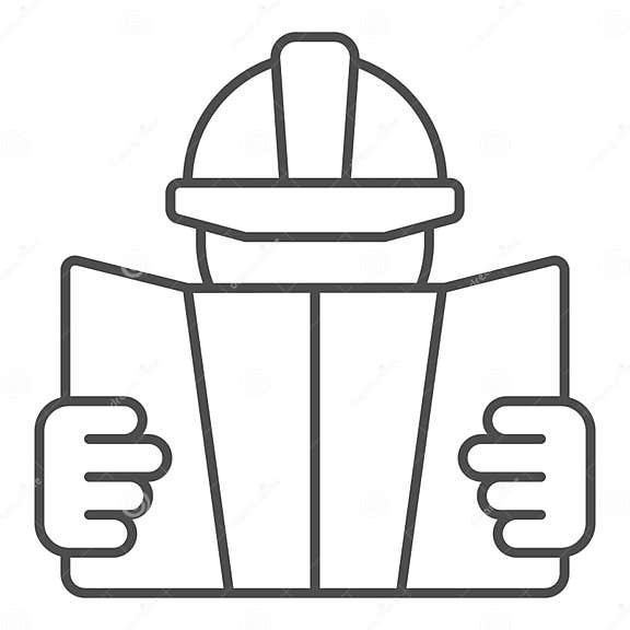 Foreman with Project Plan Thin Line Icon, Building Construction Concept ...