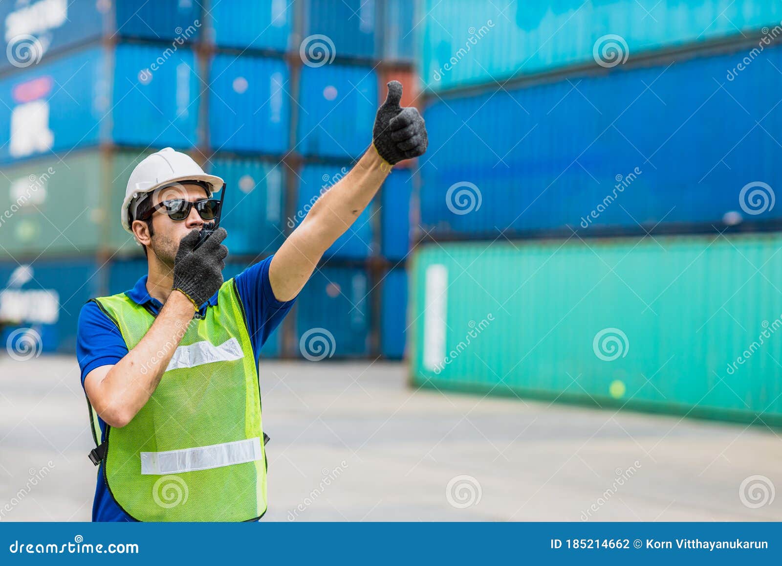 Foreman Shipping Staff Worker Working To Control Loading Cargo Port ...