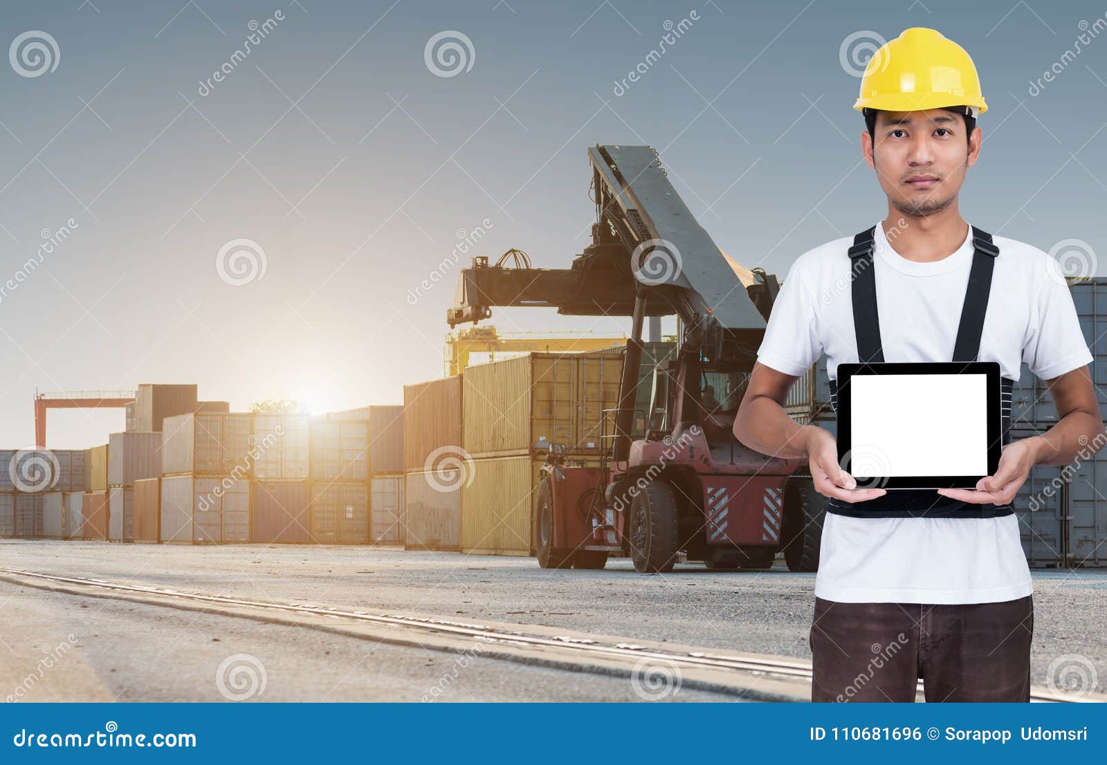 Foreman Stand Show Tablet on Front Forklift Loading Containers B Stock ...