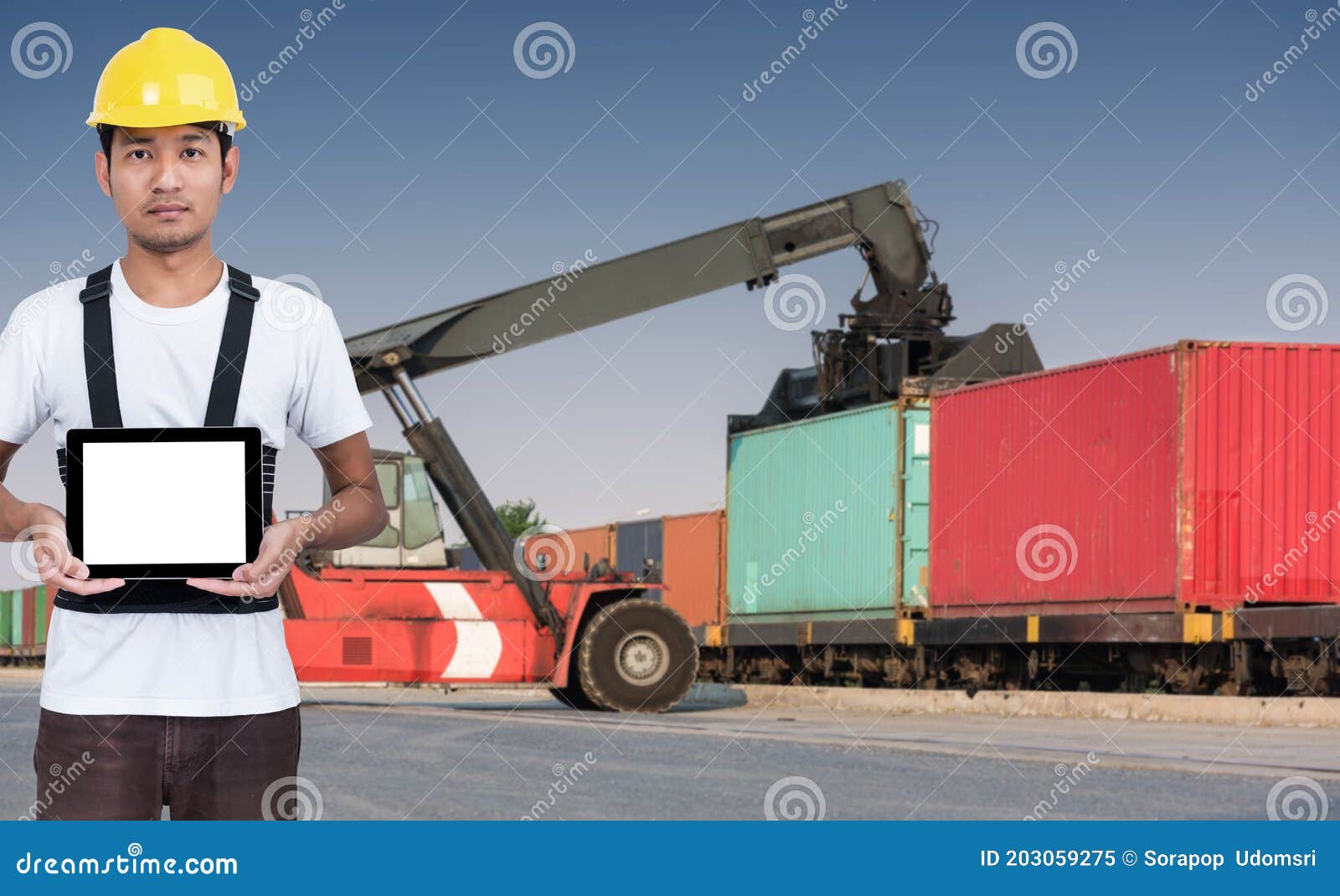 Foreman Stand Show Tablet on Front Forklift Loading Containers Box ...