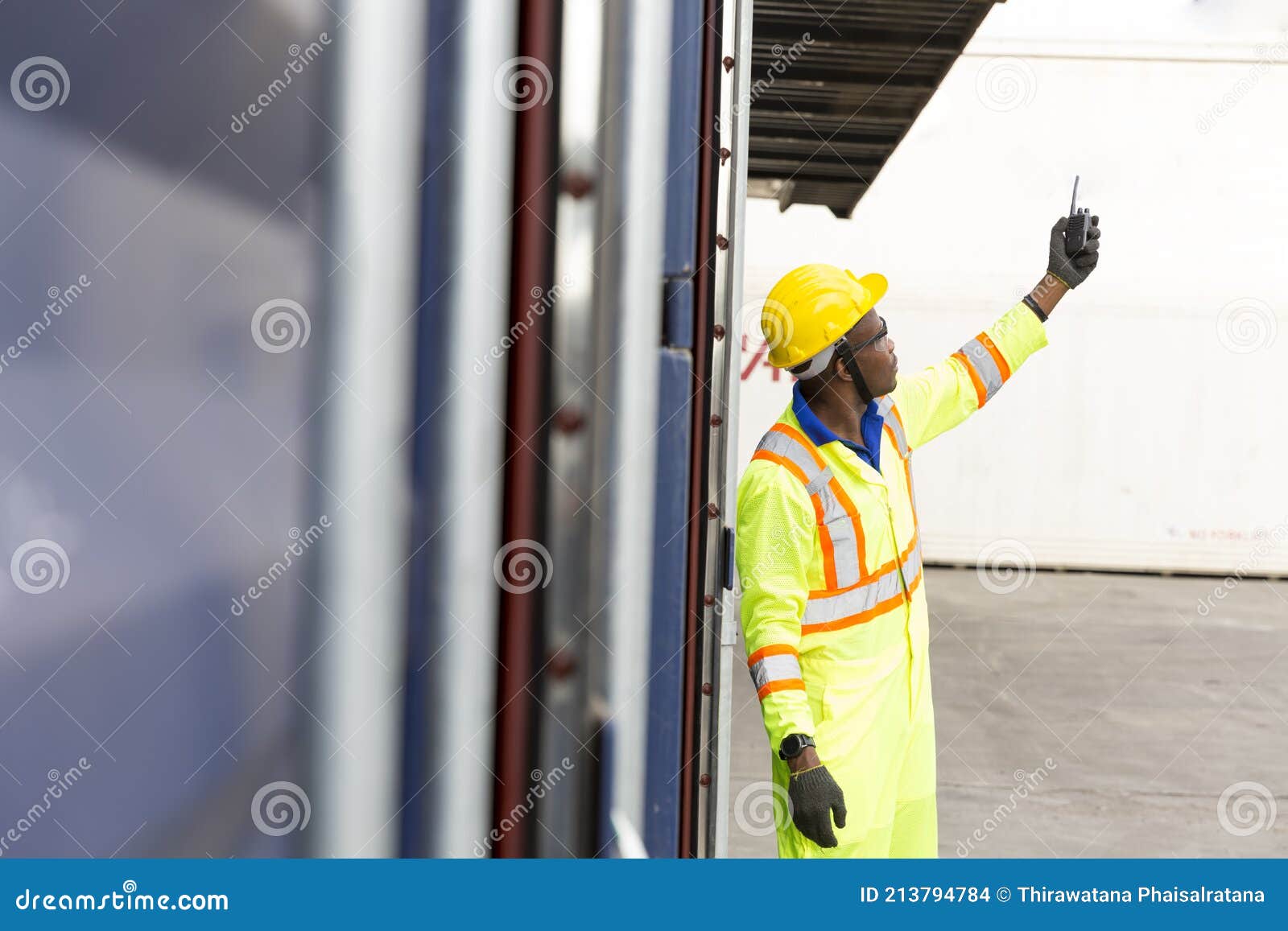 Foreman Using Mobile Phone and Laptop in the Port of Loading Goods ...