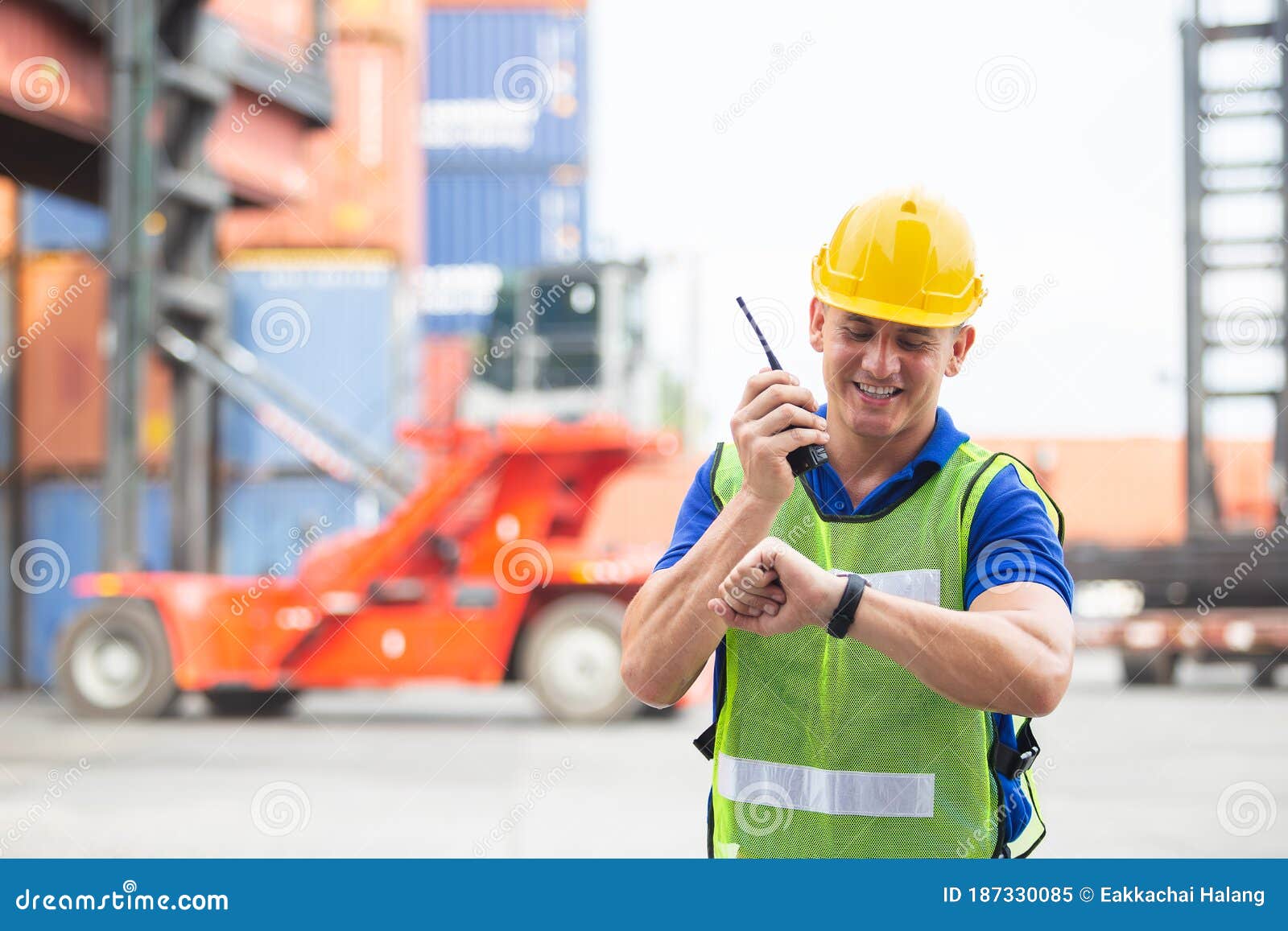 Foreman Using Radio Communication Control Loading Containers. Stock ...