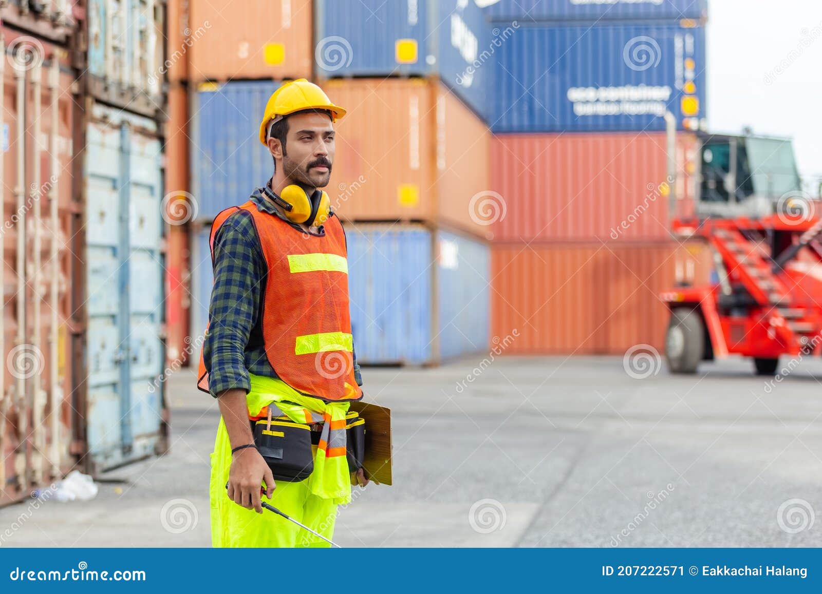 Foreman Using Radio Communication Control Loading Containers. Stock ...