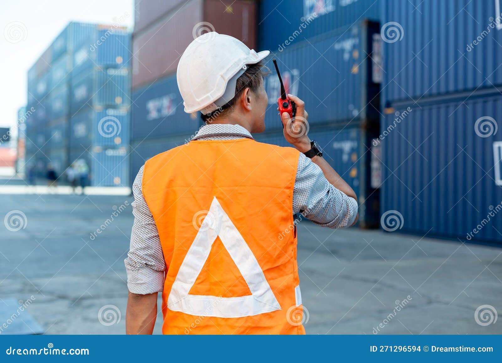 Foreman Using Radio Walkie Talkie Control Loading Containers Box in ...