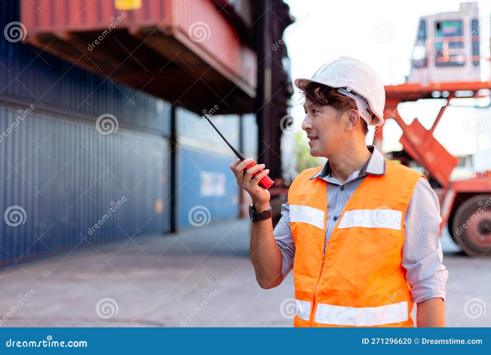 Foreman Using Radio Walkie Talkie Control Loading Containers Box in ...