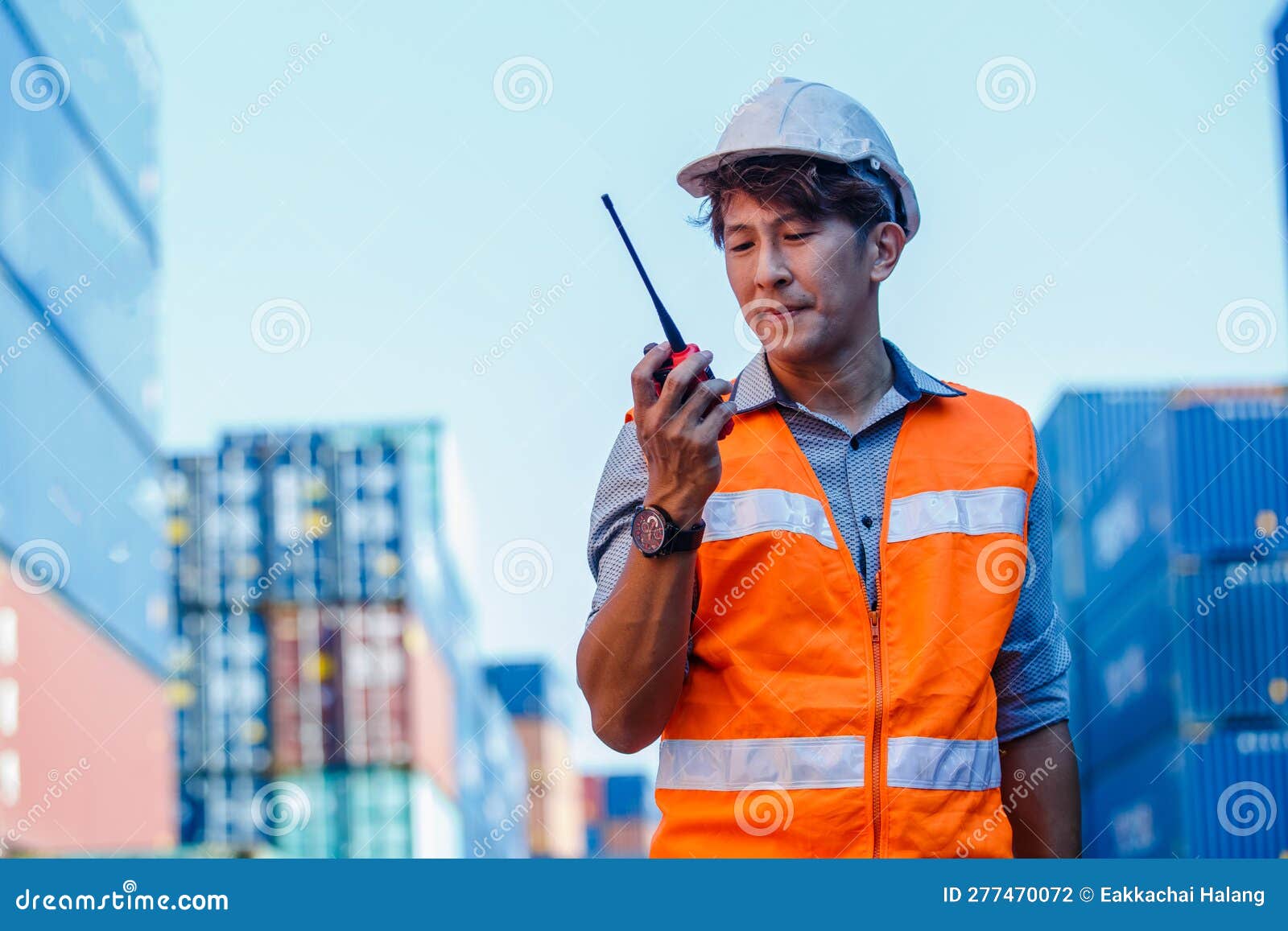 Foreman Using Radio Walkie Talkie Control Loading Containers Box in ...