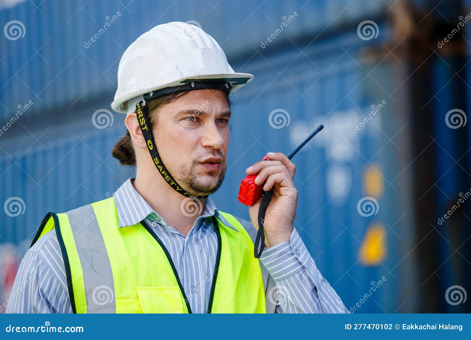 Foreman Using Radio Walkie Talkie Control Loading Containers Box in ...
