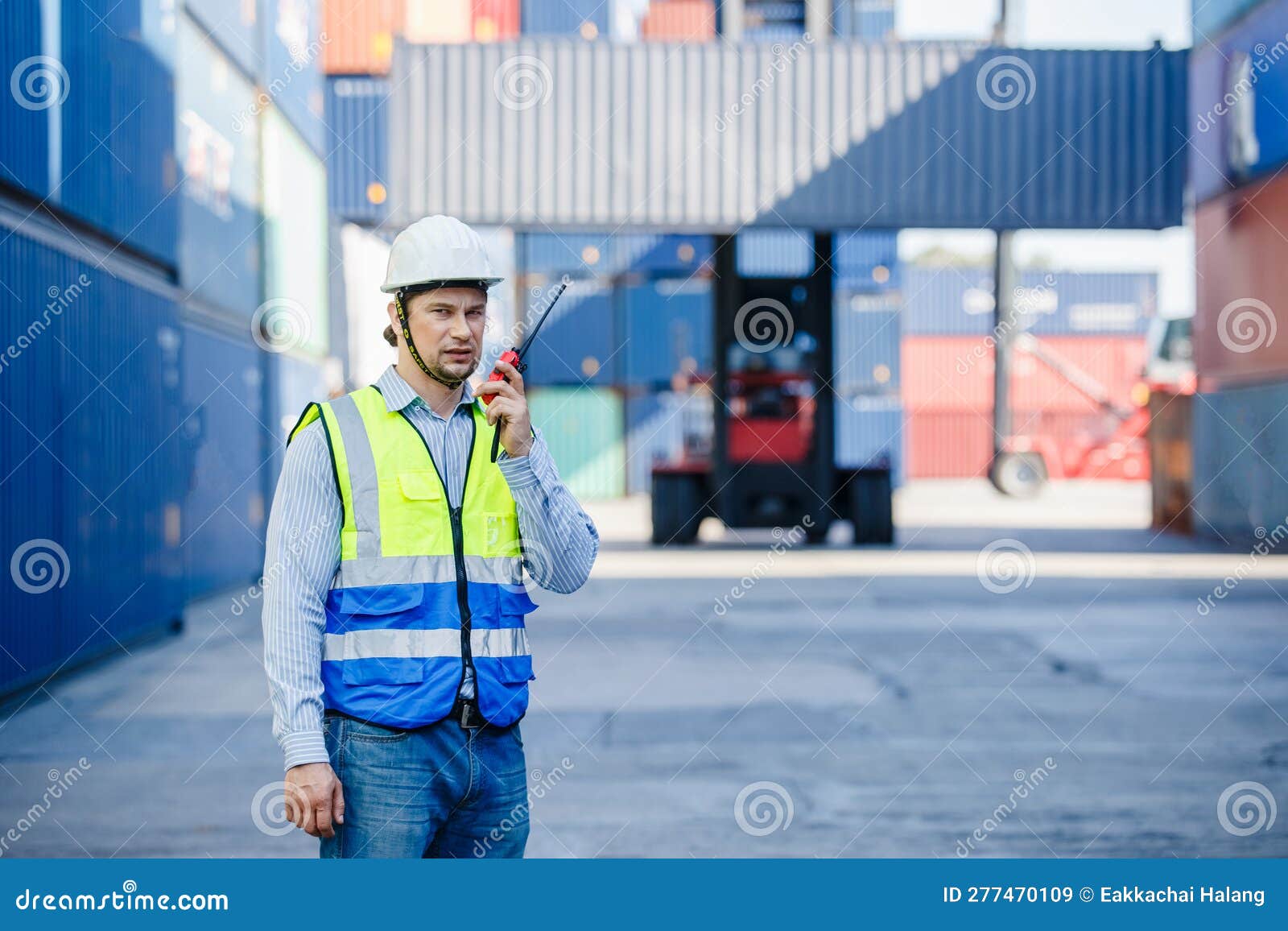 Foreman Using Radio Walkie Talkie Control Loading Containers Box in ...
