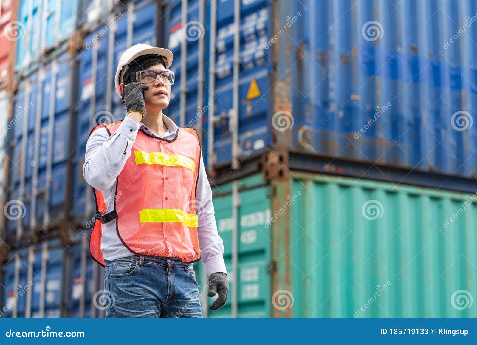 Foreman Using Smartphone at Cargo Container Shipping Stock Image ...