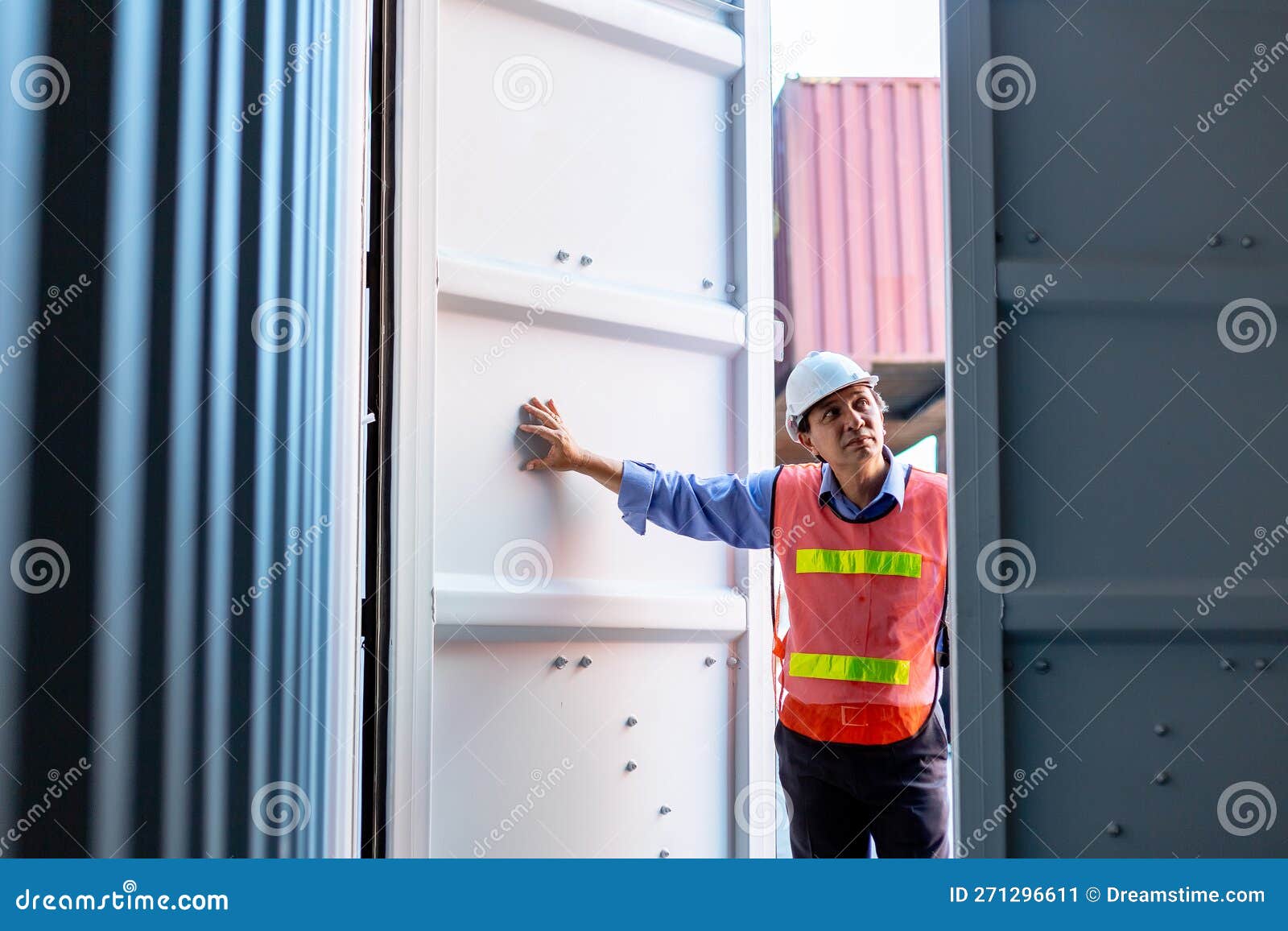 Foreman Wearing Uniform and Hardhat Industrial Logistic Opening Door ...