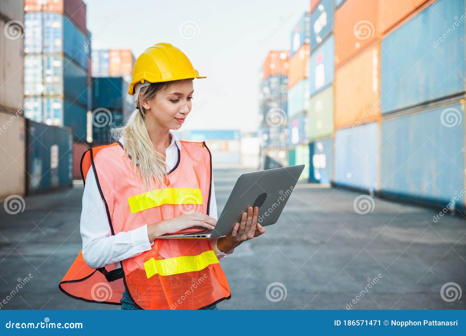Foreman Woman Worker Working Checking at Container Cargo Harbor Holding ...