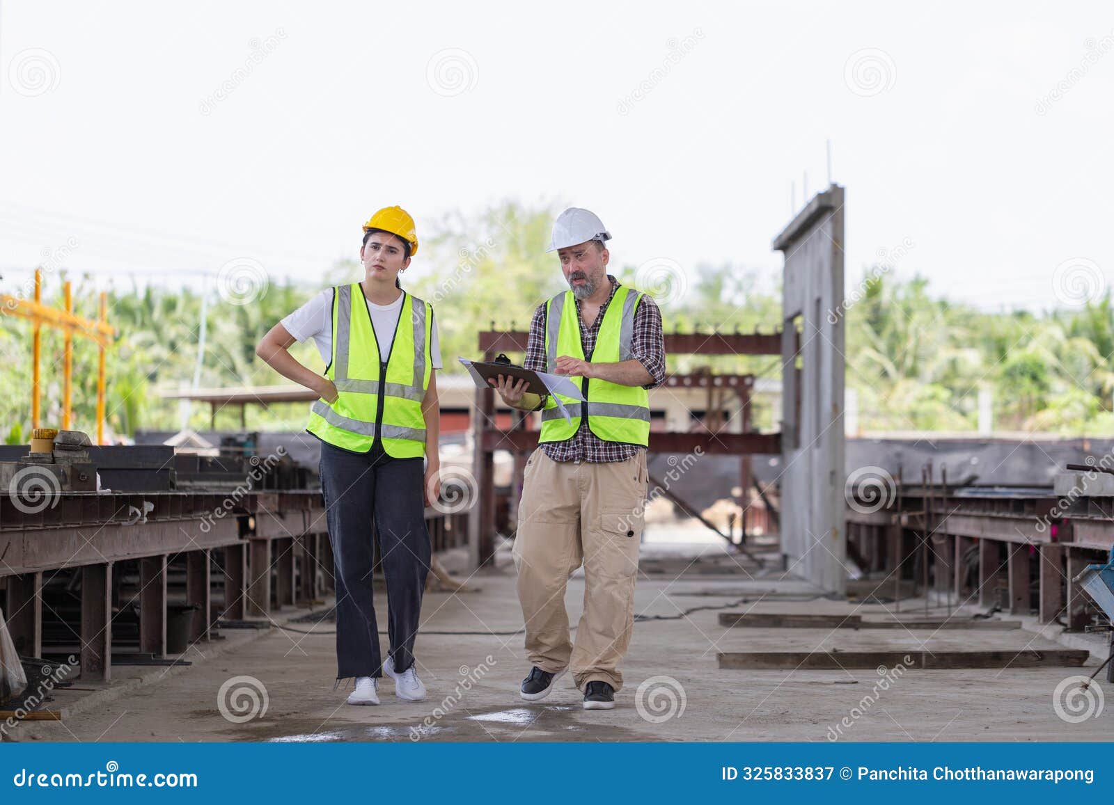 Foreman Worker Team Checking Project at the Precast Concrete Factory ...