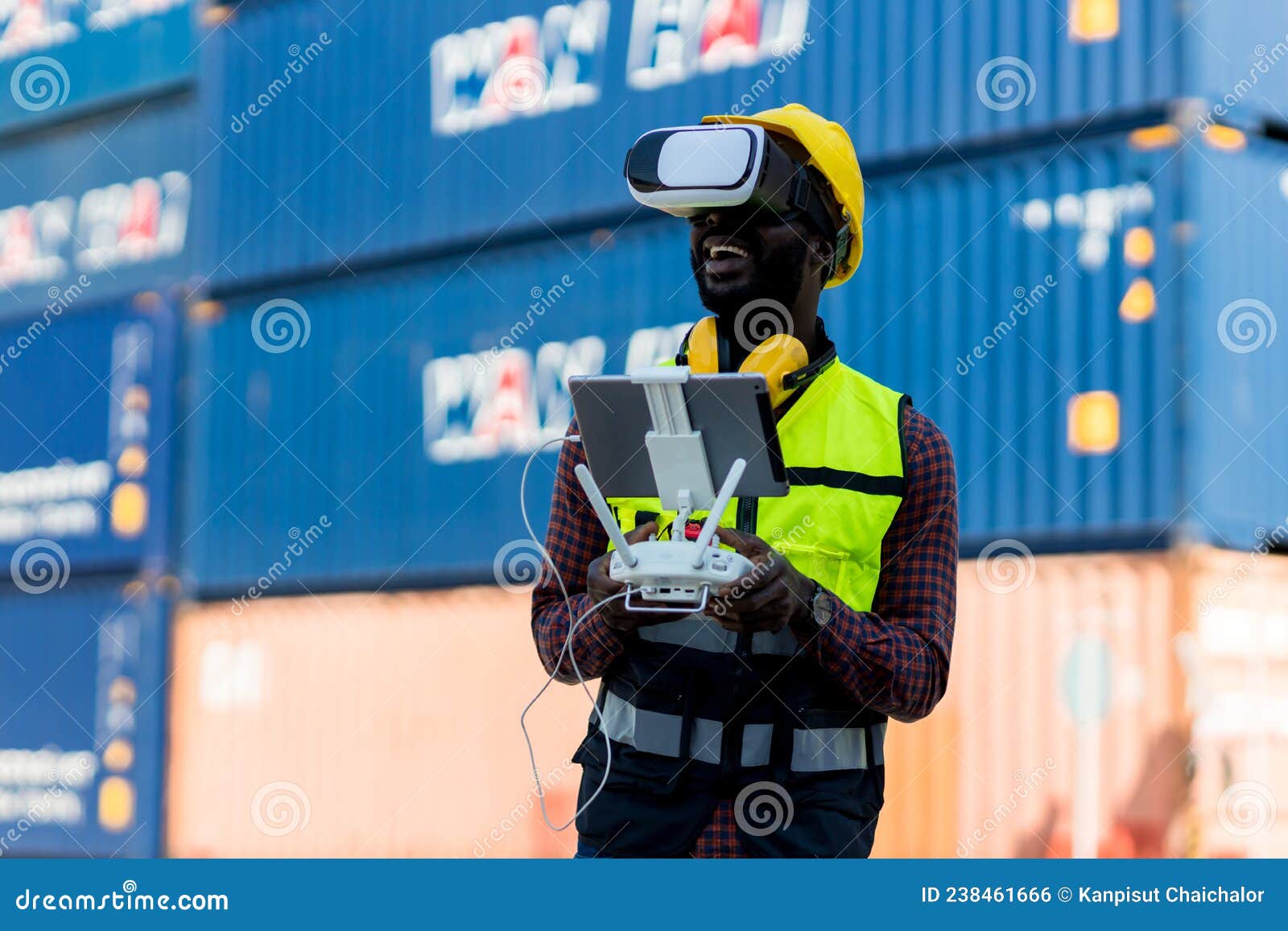 Foreman or Worker Use Remote Controller Piloting Drone at Containers ...