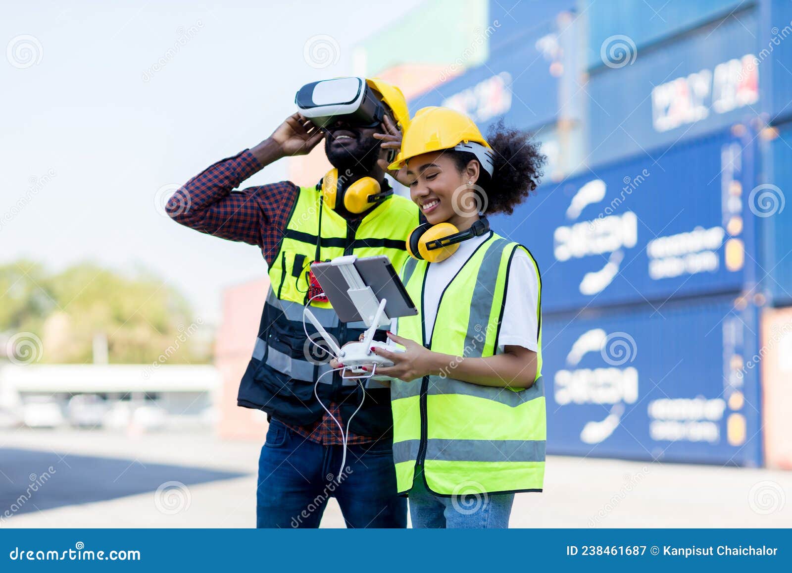 Foreman or Worker Use Remote Controller Piloting Drone at Containers ...