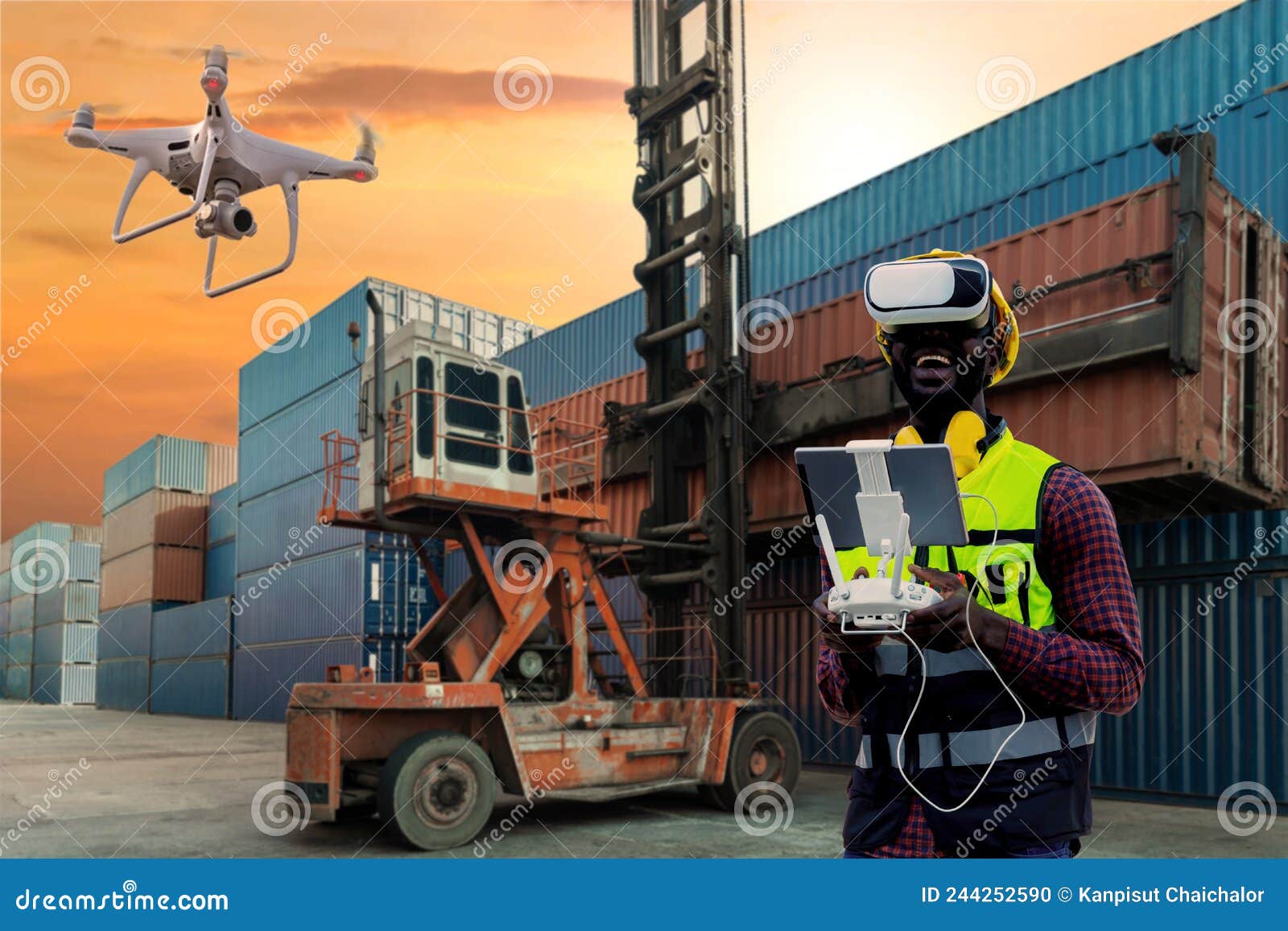 Foreman or Worker Use Remote Controller Piloting Drone at Containers ...