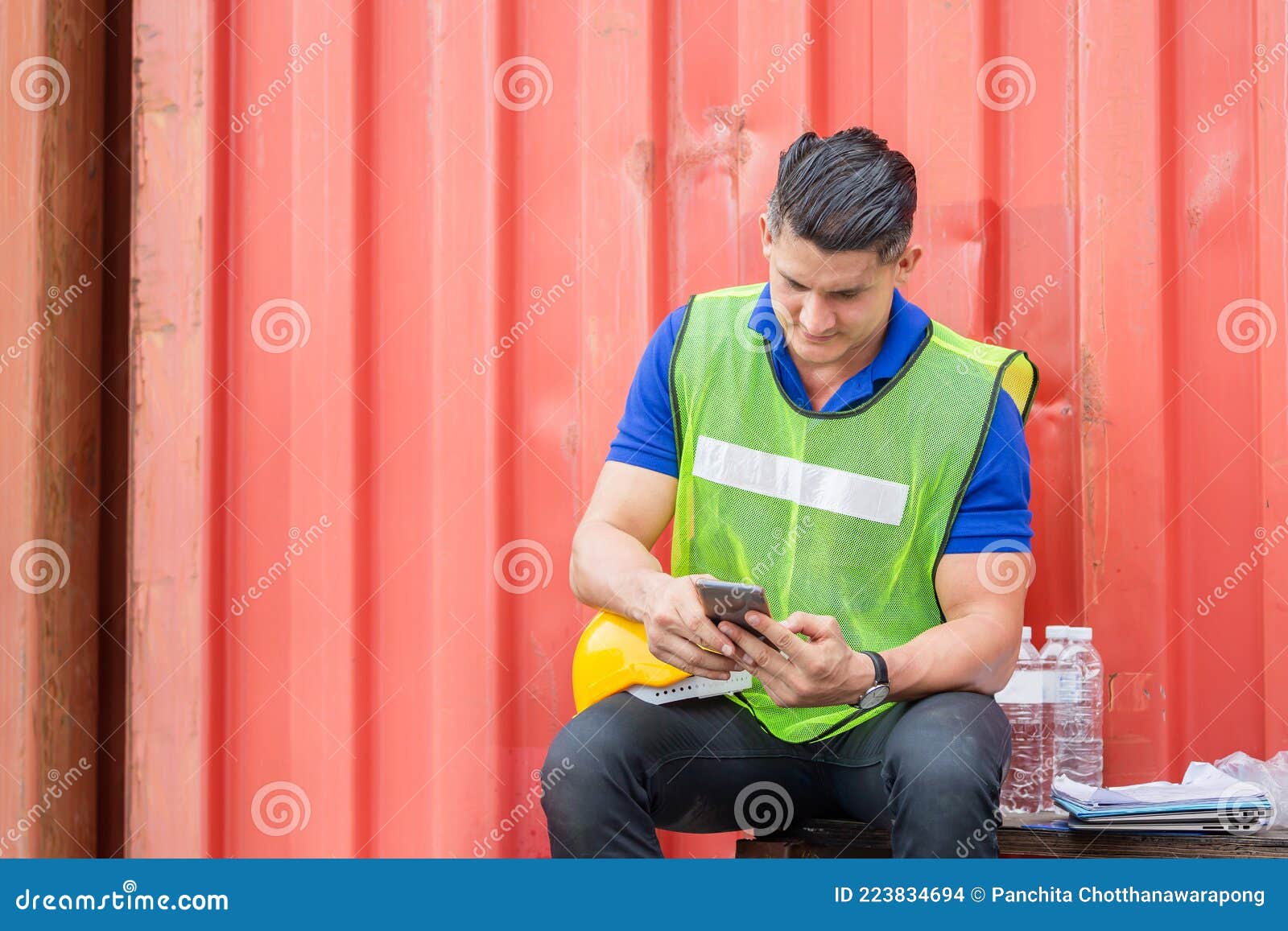 Foreman Worker Using Mobile Smartphone in Industry Containers Cargo ...