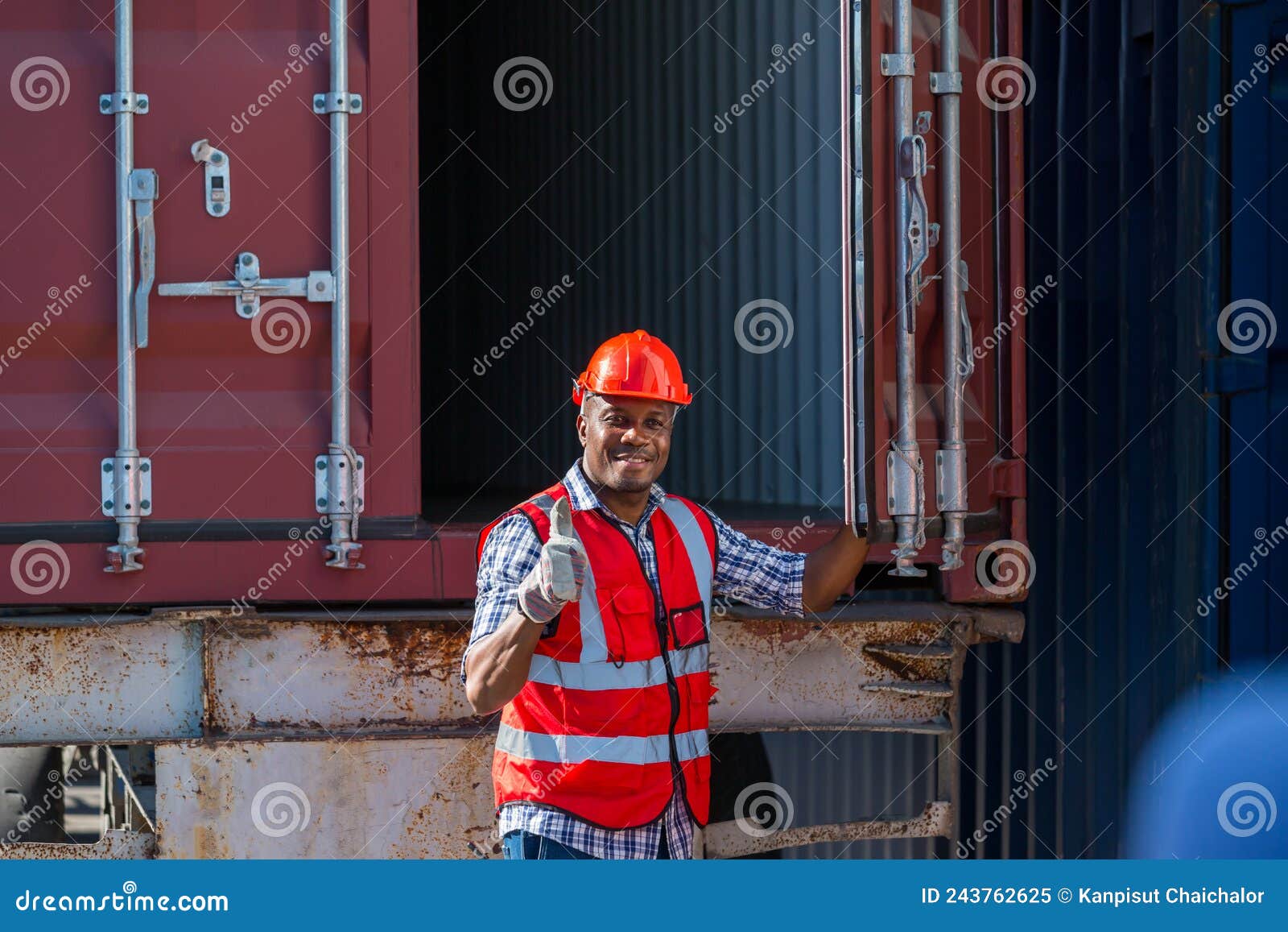 Foreman or Worker Work at Container Cargo Site Check Up Goods in ...