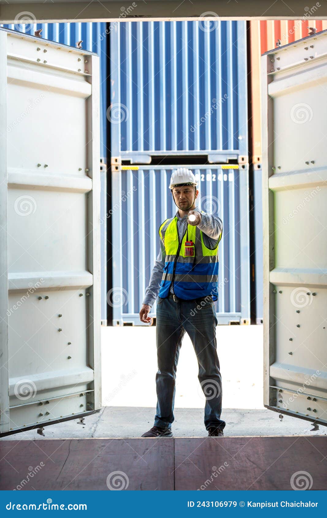 Foreman or Worker Work at Container Cargo Site Check Up Goods in ...