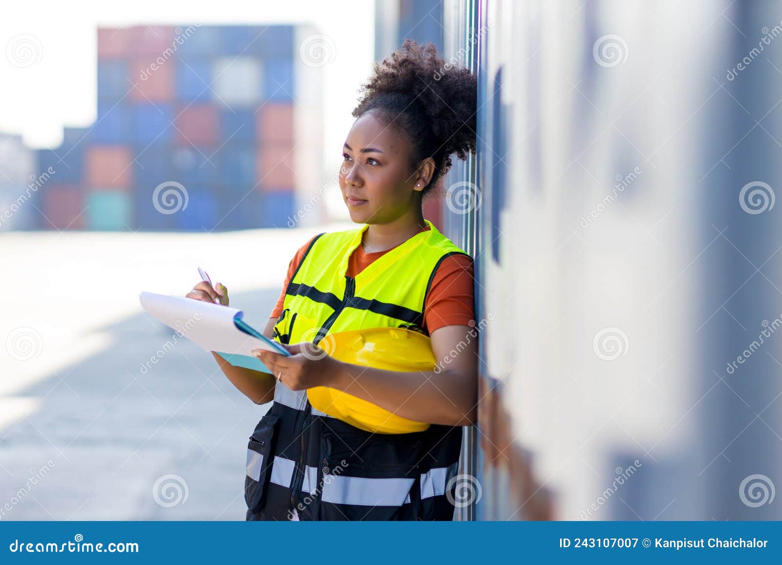 Foreman or Worker Work at Container Cargo Site Check Up Goods in ...