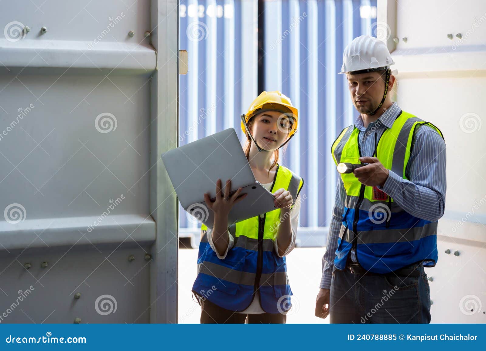 Foreman or Worker Work at Container Cargo Site Check Up Goods in ...