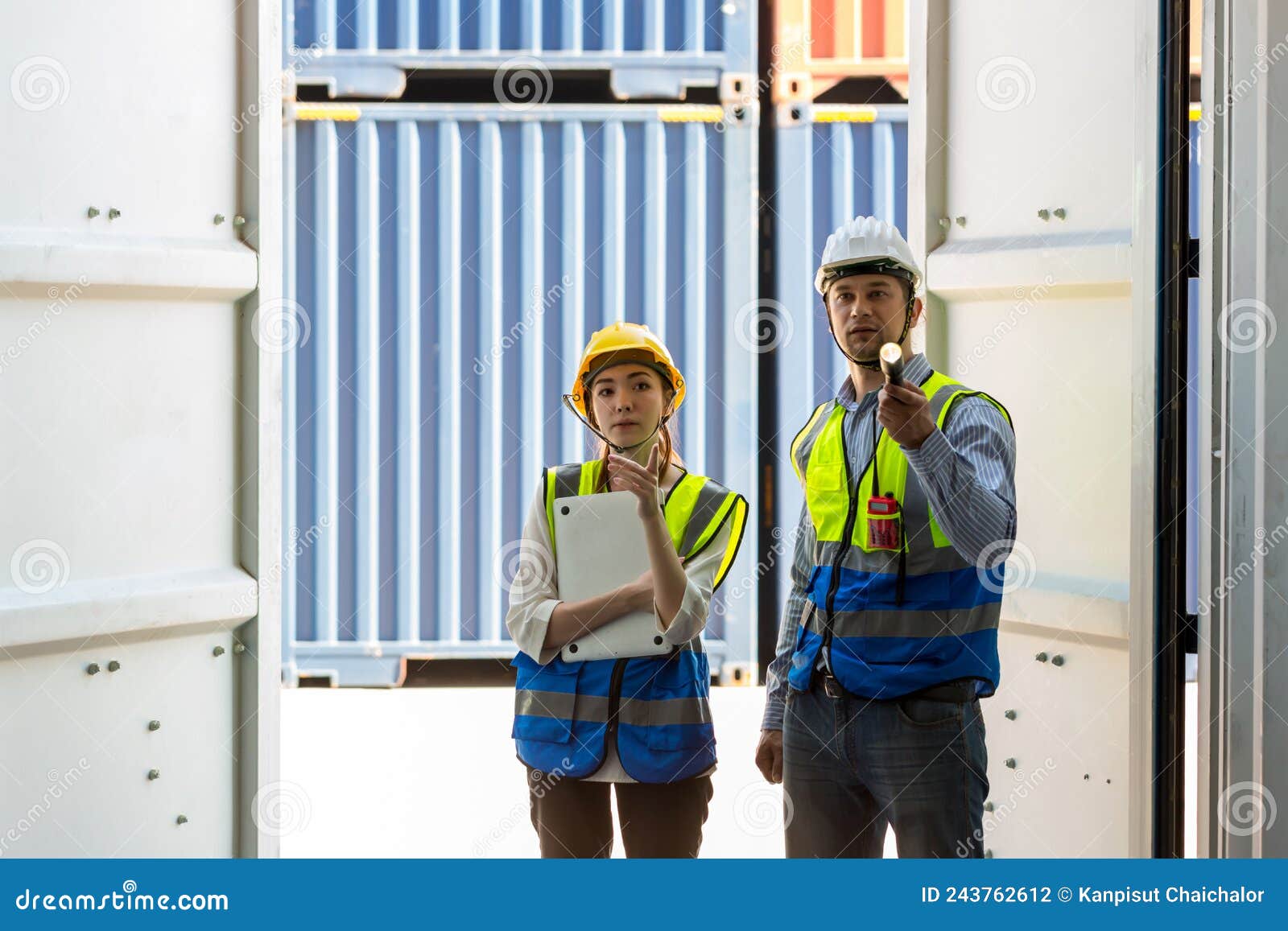 Foreman or Worker Work at Container Cargo Site Check Up Goods in ...