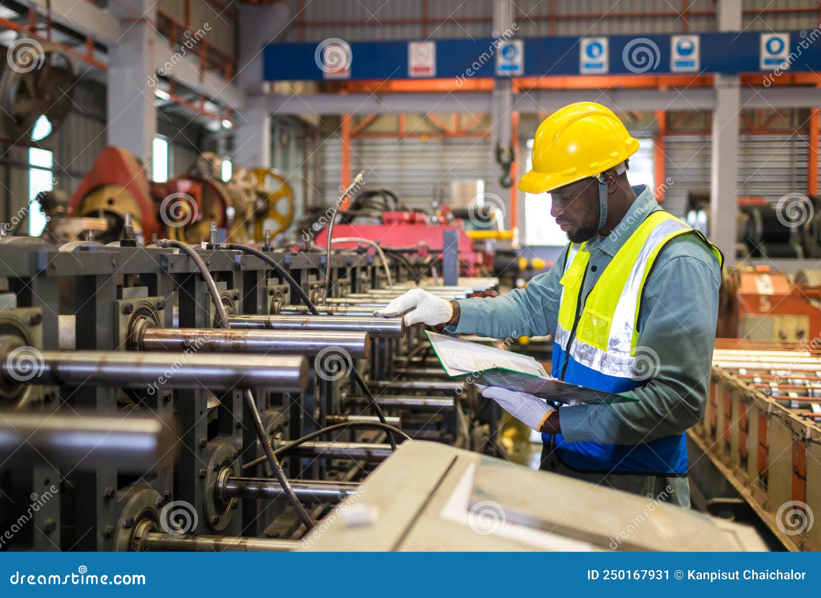 Foreman or Worker Work at Factory Site Check Up Machine or Products in ...