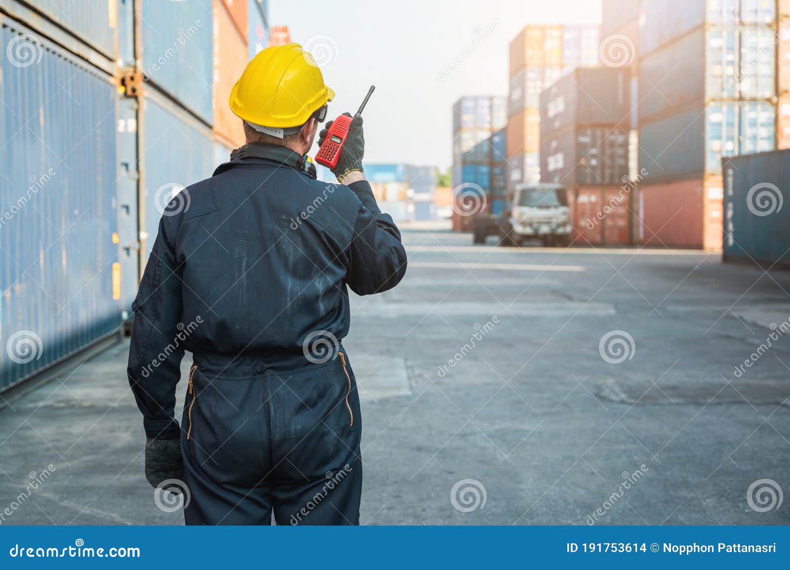 Foreman Worker Working Checking at Container Cargo Harbor Holding Radio ...