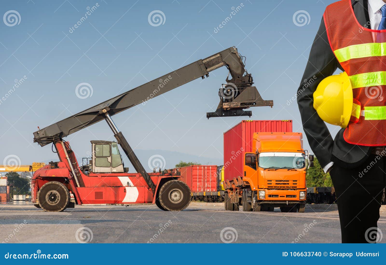 Foreman or Working Businessman Stand on Front Forklift Loading C Stock ...