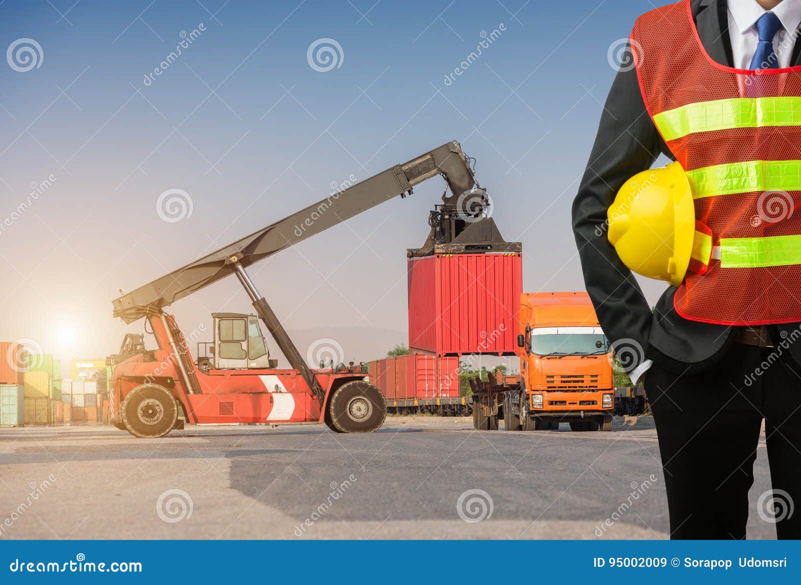 Foreman or Working Businessman Stand on Front Forklift Loading C Stock ...