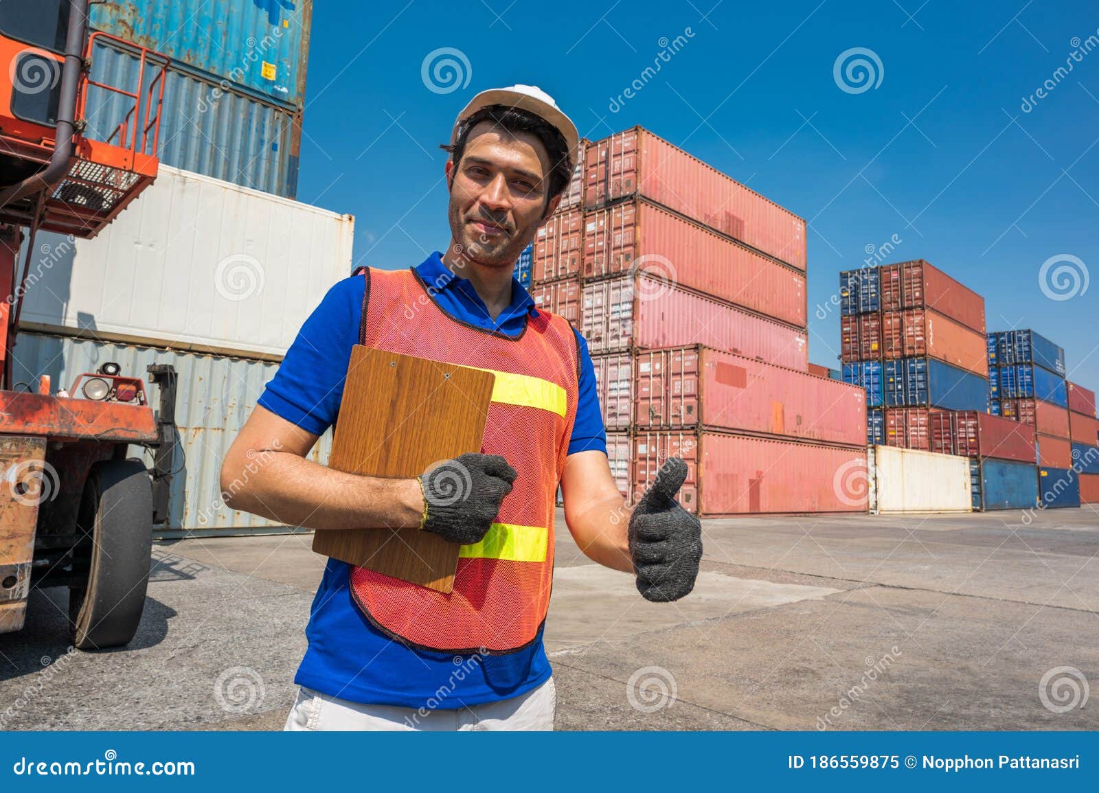 Foreman Working at Container Cargo Harbor. Business Logistics Import ...