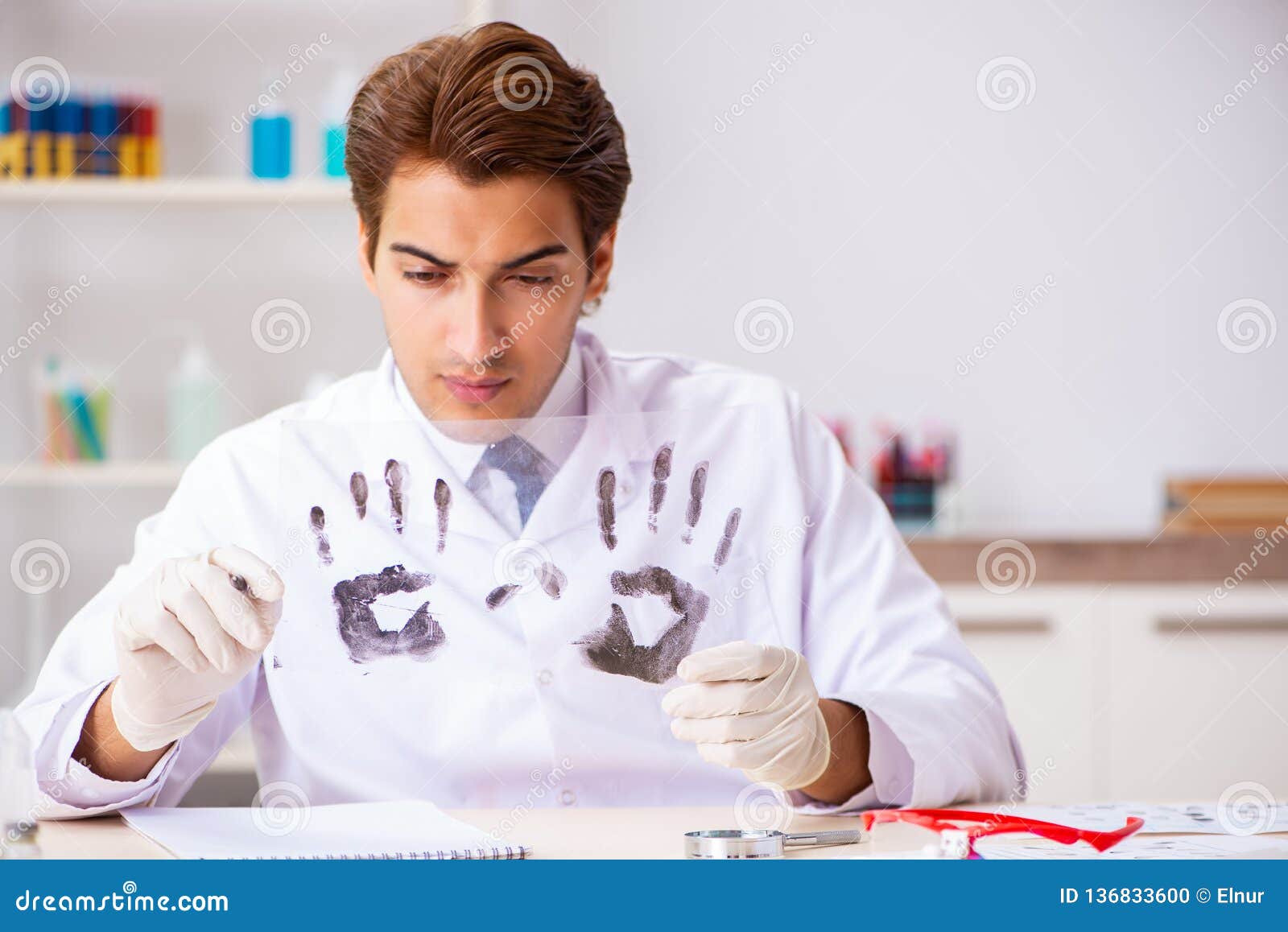 The Forensic Expert Studying Fingerprints in the Lab Stock Photo ...