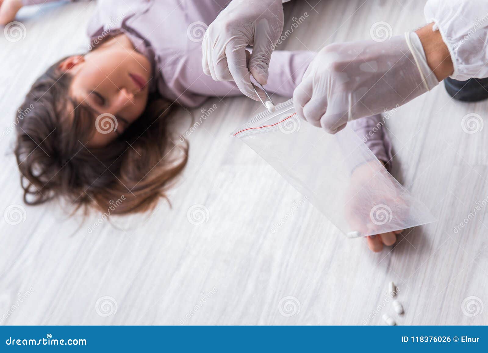 Forensic Investigator At The Crime Scene Investigating Woman Mur Stock