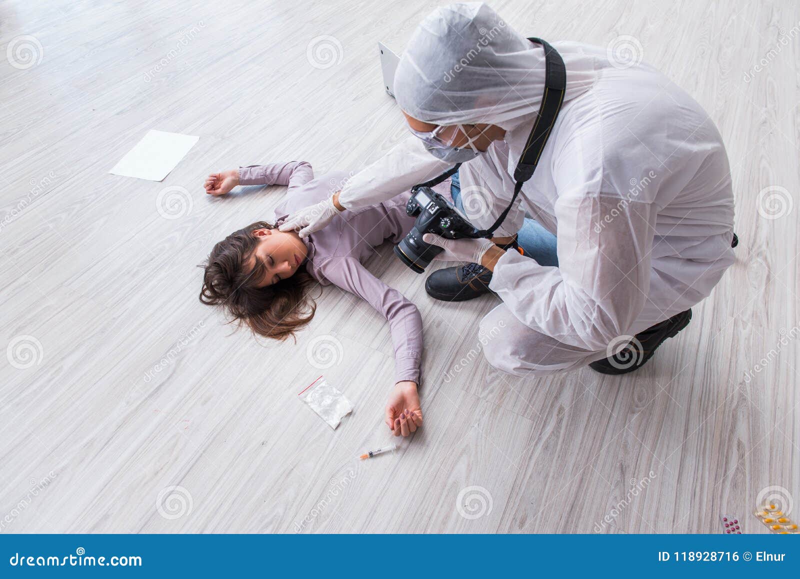 Forensic Investigator At The Crime Scene Investigating Woman Mur Stock