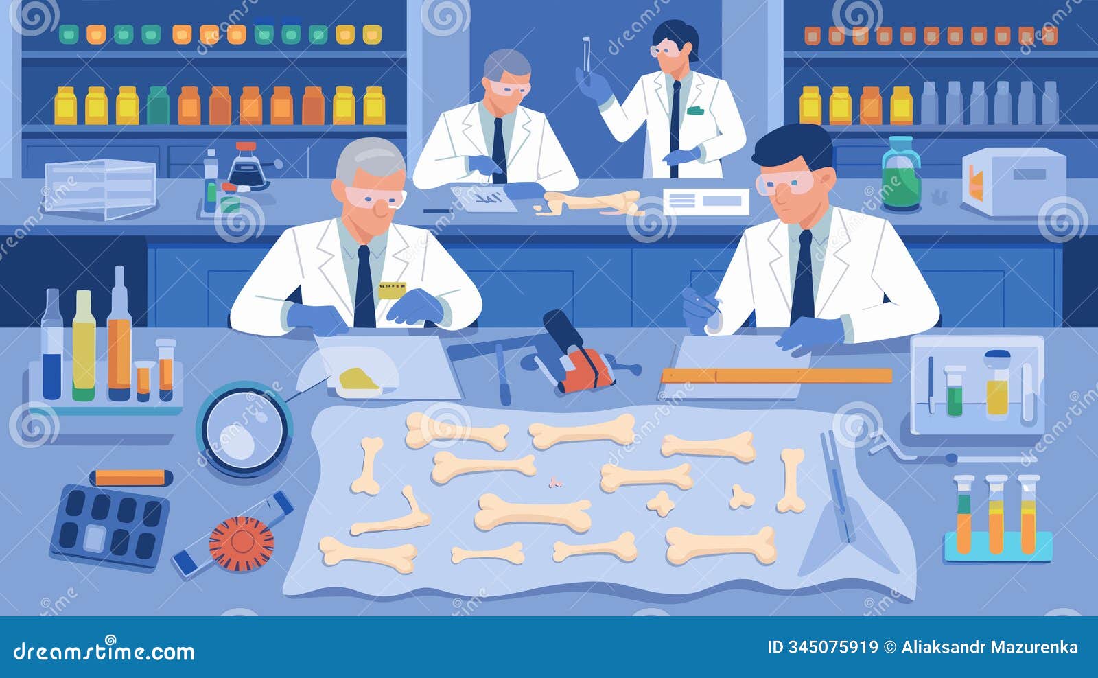 Forensic Lab Analyzing Bone Fragments with Tools and Equipment Used To ...