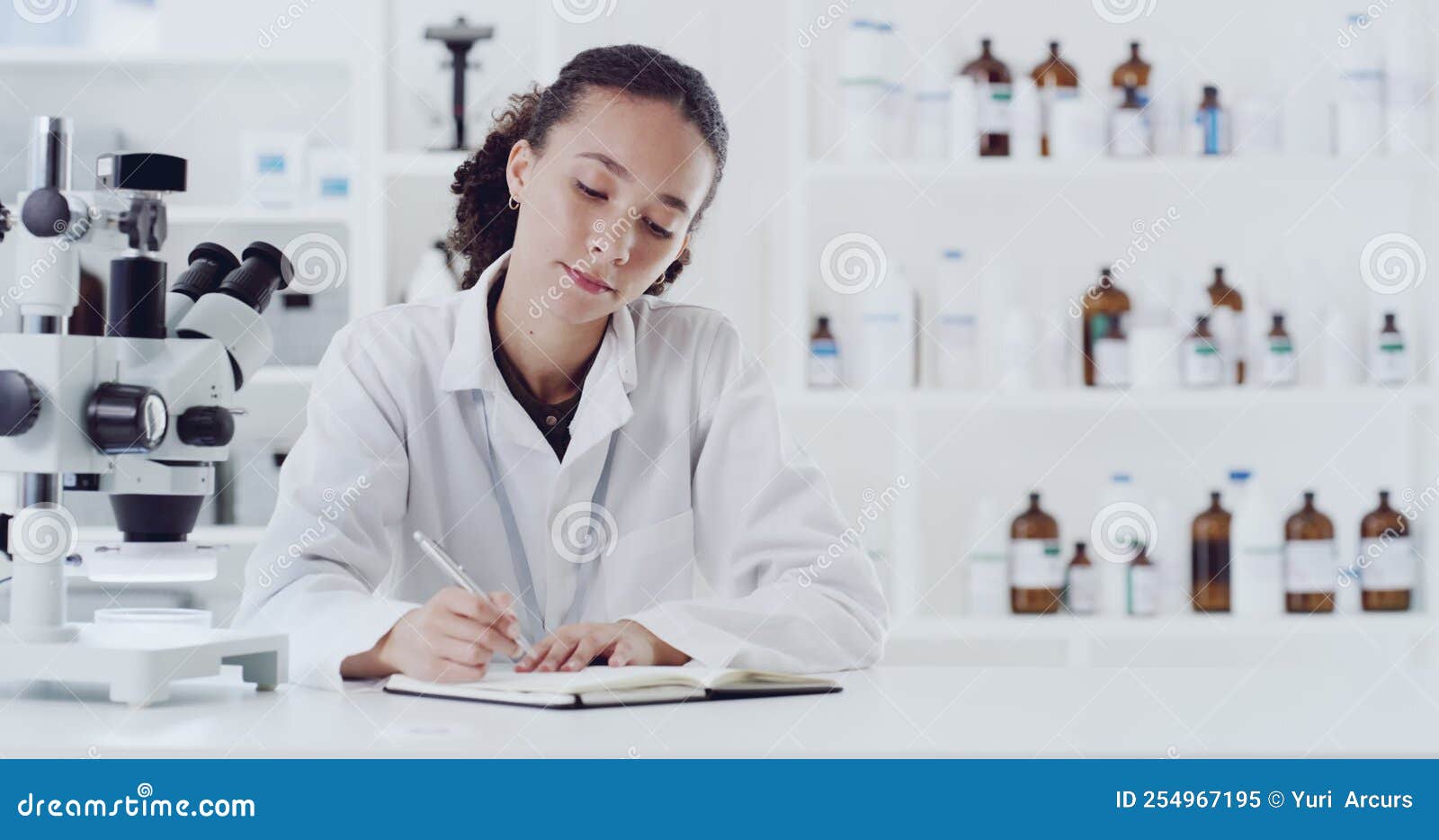 Forensic Scientist, Microscope and Woman Writing Notes for Information ...