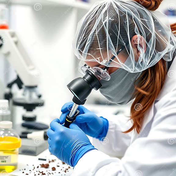 A Forensic Scientist Testing Soil Samples with a Magnifying Lens and ...