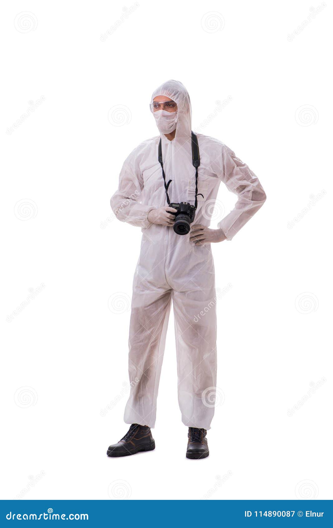 The Forensic Specialist in Protective Suit Taking Photos on White Stock ...
