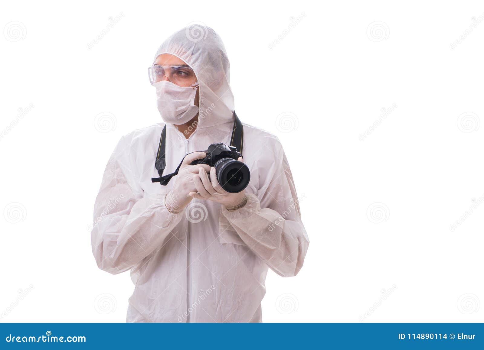 The Forensic Specialist in Protective Suit Taking Photos on White Stock ...