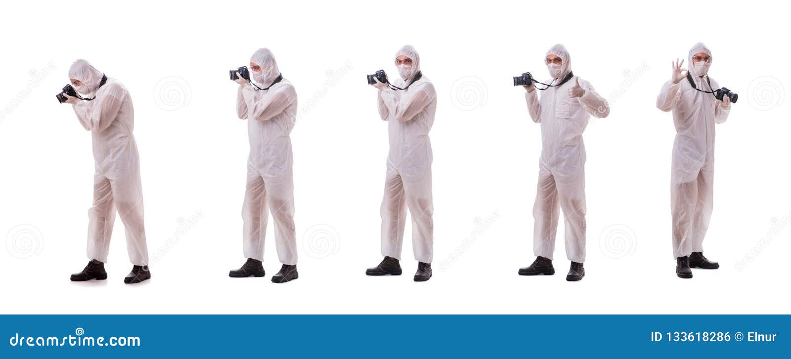 The Forensic Specialist in Protective Suit Taking Photos on White Stock ...