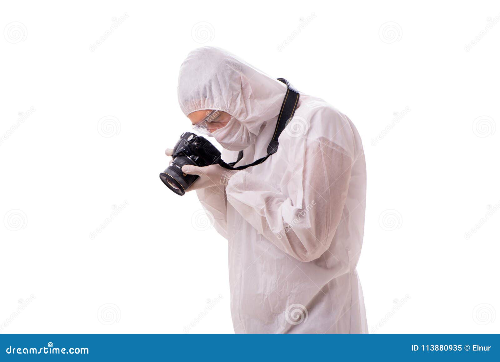 The Forensic Specialist in Protective Suit Taking Photos on White Stock ...