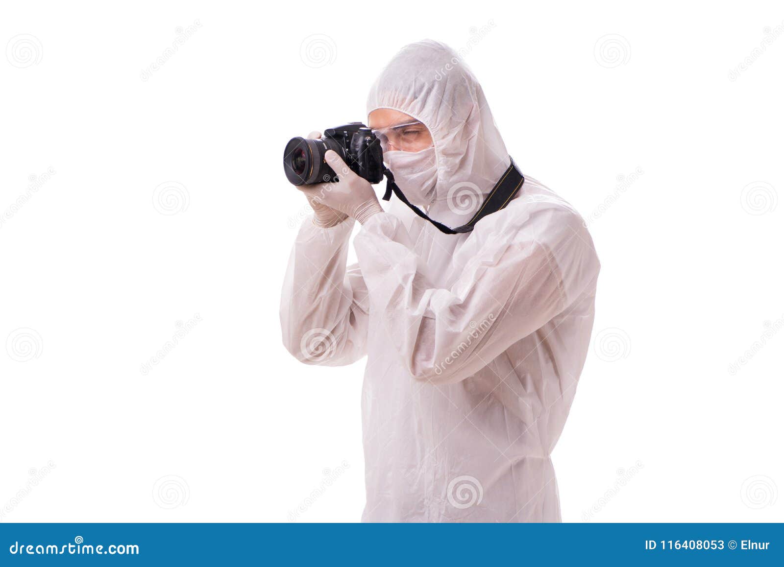The Forensic Specialist in Protective Suit Taking Photos on White Stock ...