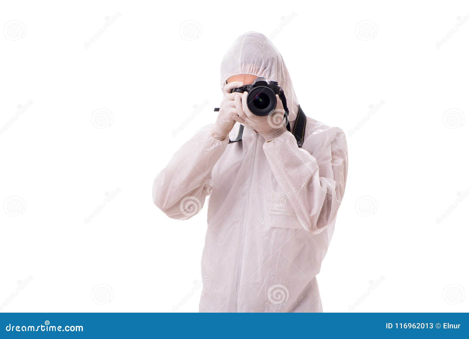 The Forensic Specialist in Protective Suit Taking Photos on White Stock ...