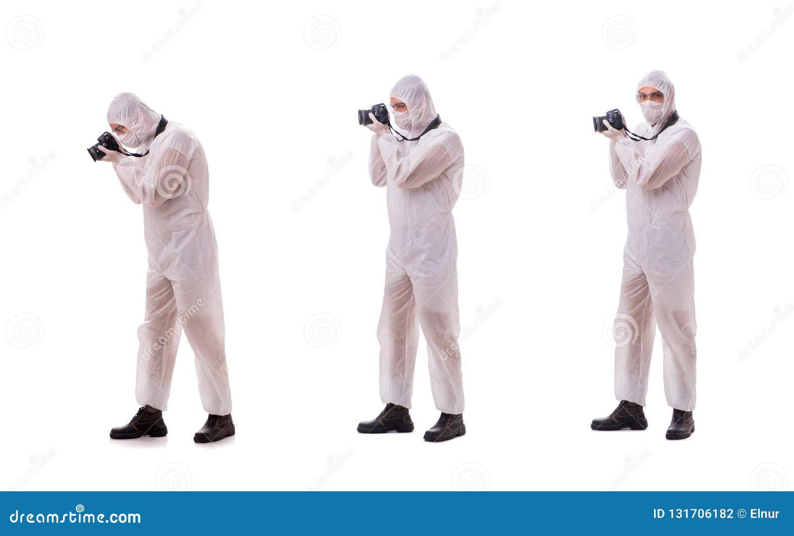 The Forensic Specialist in Protective Suit Taking Photos on White Stock ...